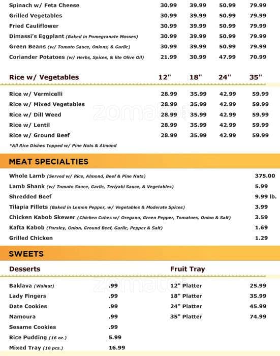 Menu at Dimassi's Mediterranean Buffet restaurant, Richardson, 180 W ...