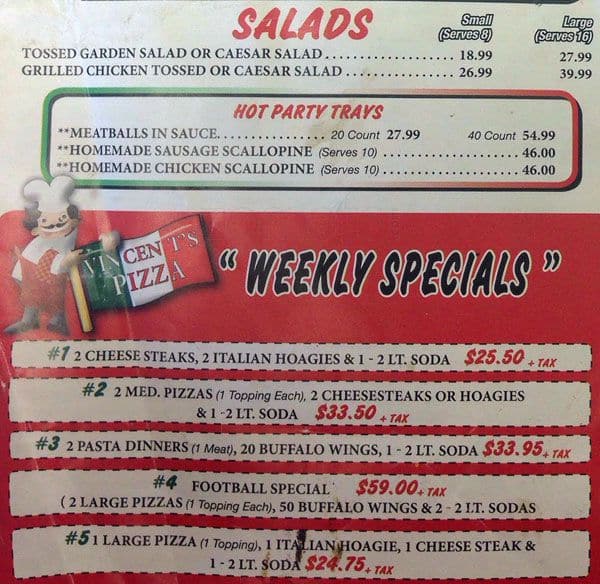 Menu at Vincent's Pizza pizzeria, Rockledge, 412 Huntingdon Pike