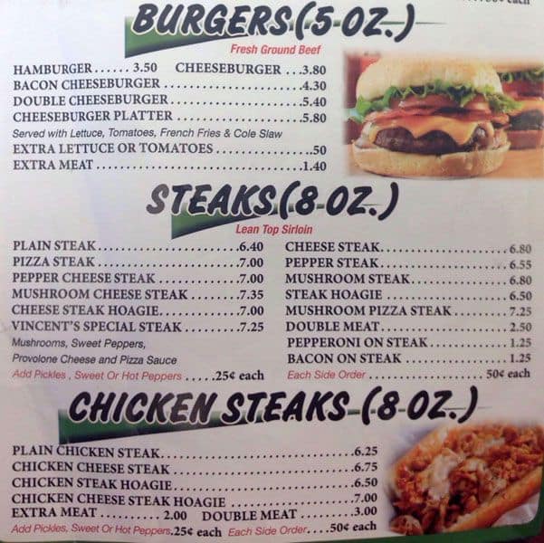 Menu at Vincent's Pizza pizzeria, Rockledge, 412 Huntingdon Pike