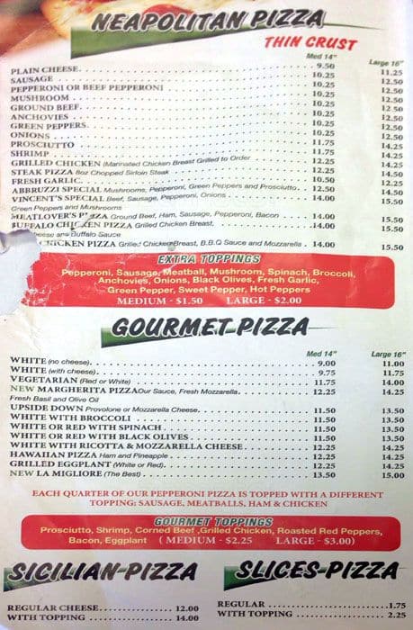 Menu at Vincent's Pizza pizzeria, Rockledge, 412 Huntingdon Pike