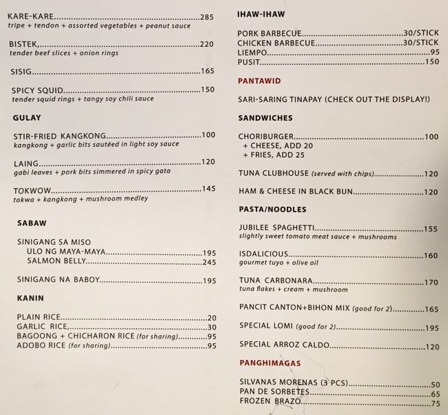 Menu at Masa cafe, Quezon City