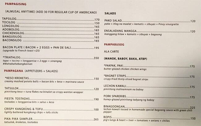 Menu at Masa cafe, Quezon City