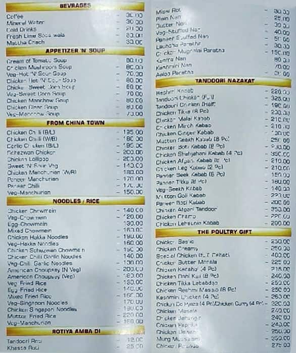 Menu of Amba Restaurant, Anisabad, Patna