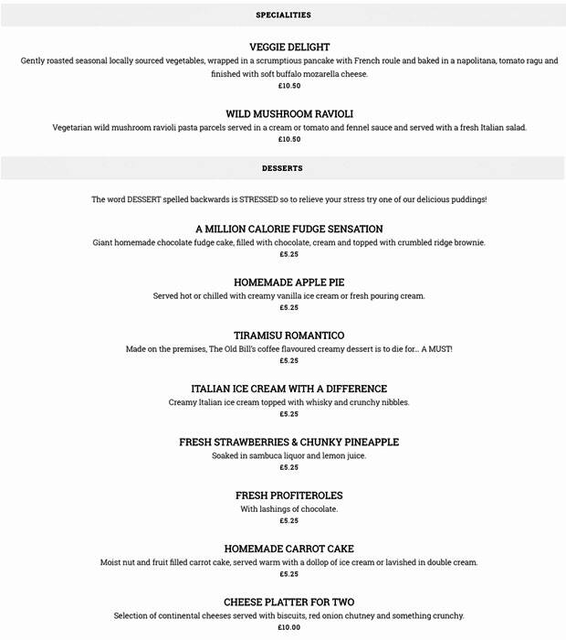 Menu at The Old Bill pub & bar, Oldham