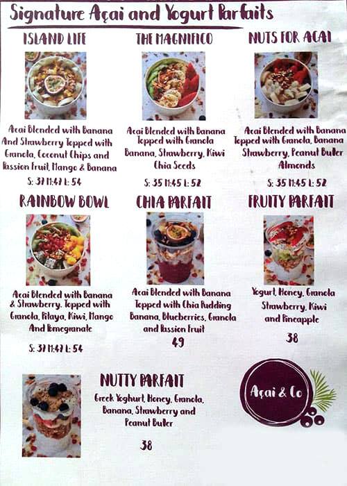 Menu at Acai and Co, Dubai, P2 Level