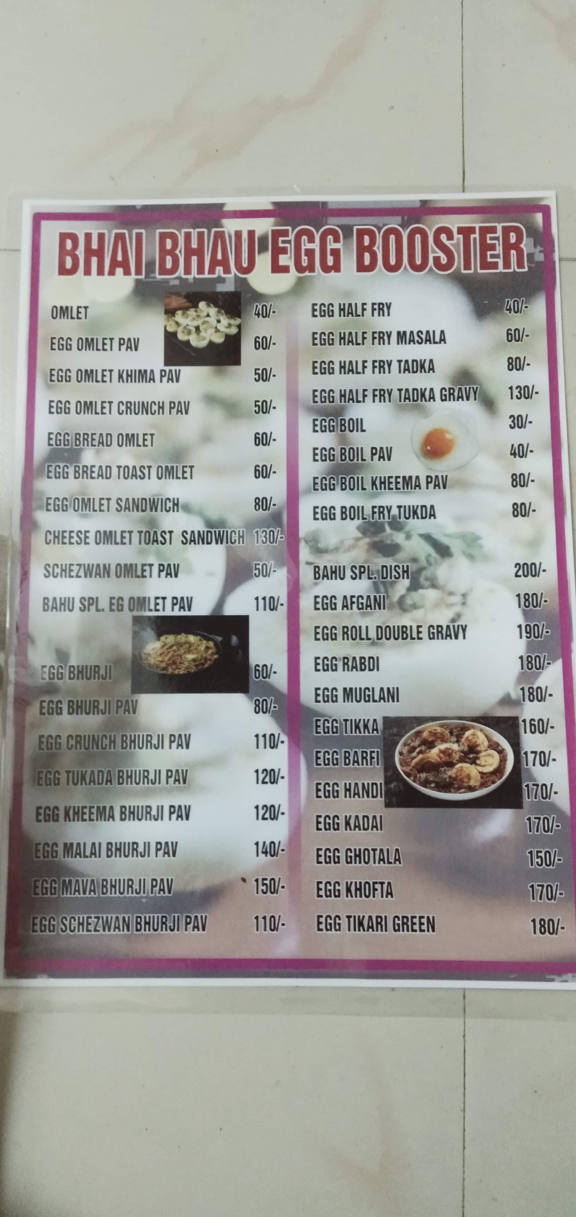 Menu of Bhai Bhau Egg Boosters, Kandivali West, Mumbai
