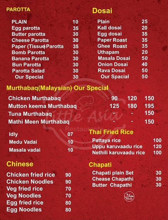 Menu of Little Asia Restaurants, Sholinganallur, Chennai