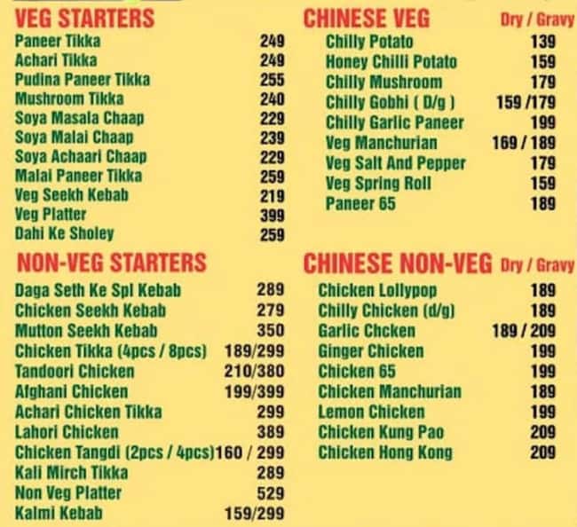Menu of Mother India, Connaught Place, New Delhi