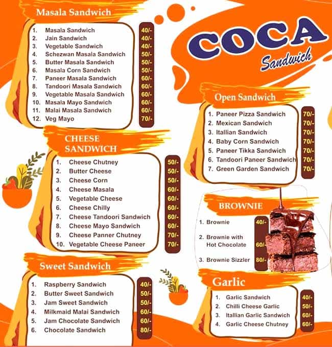 Menu at Coca Sandwich, Indore
