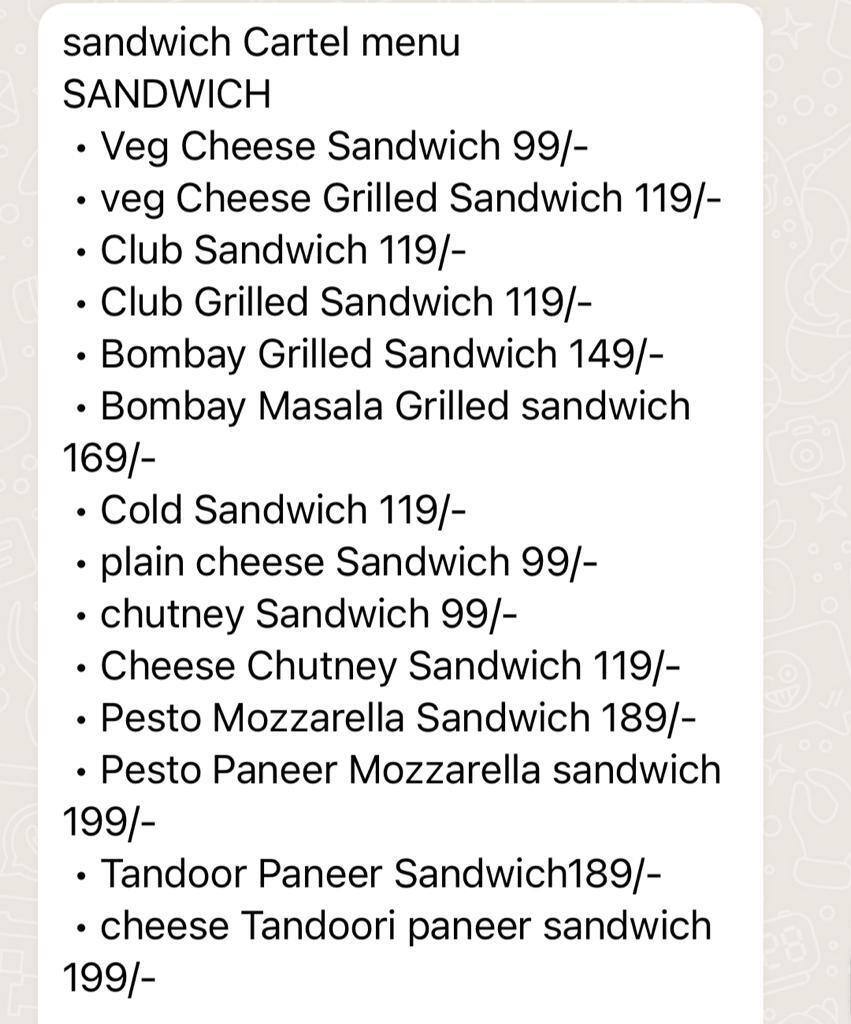 Menu of Sandwich Cartel, Kothrud, Pune