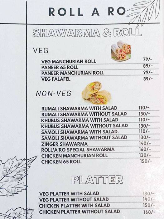 Menu of Roll 'A' Ro, Habsiguda, Hyderabad