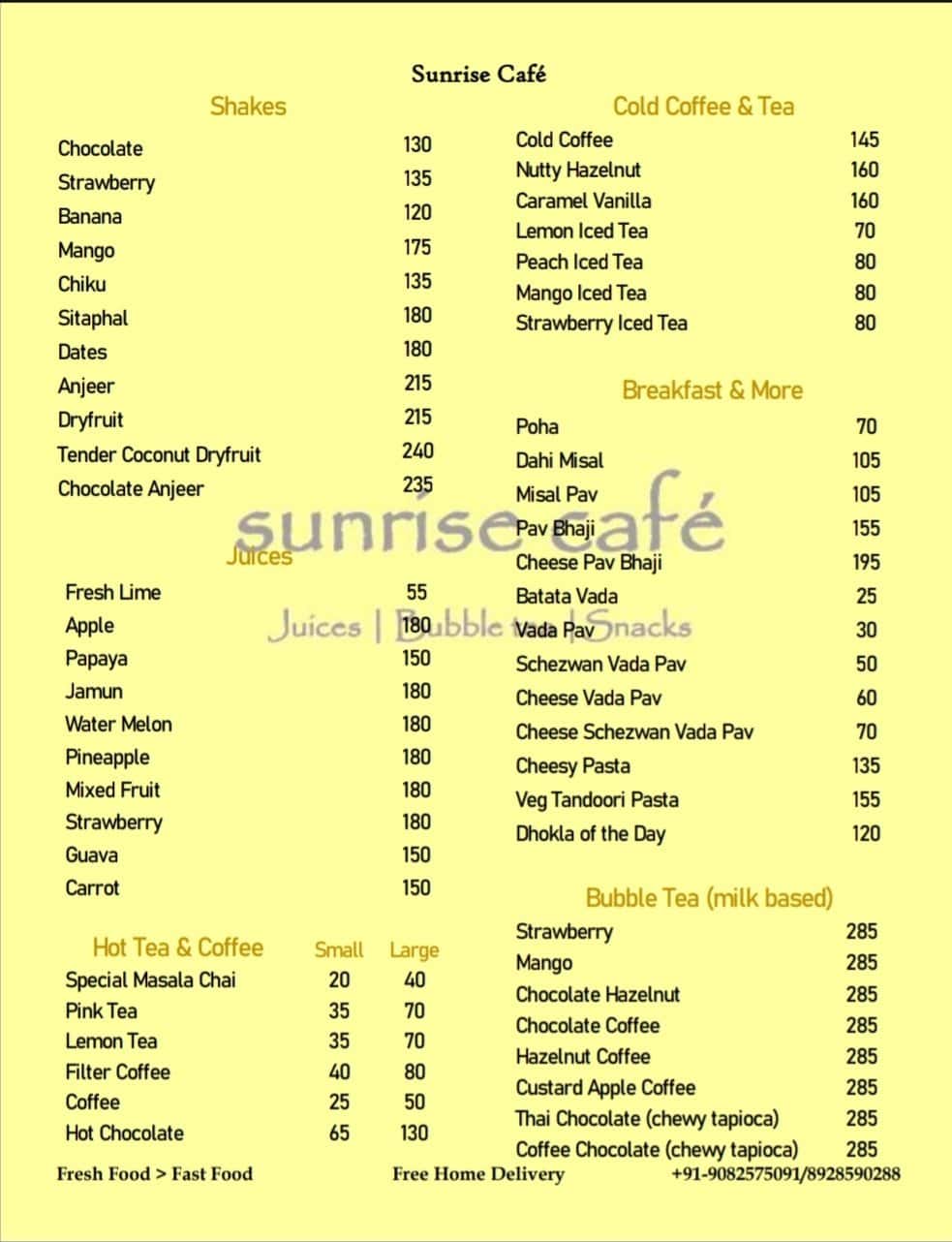 Menu of Sunrise Cafe, Azad Nagar, Mumbai