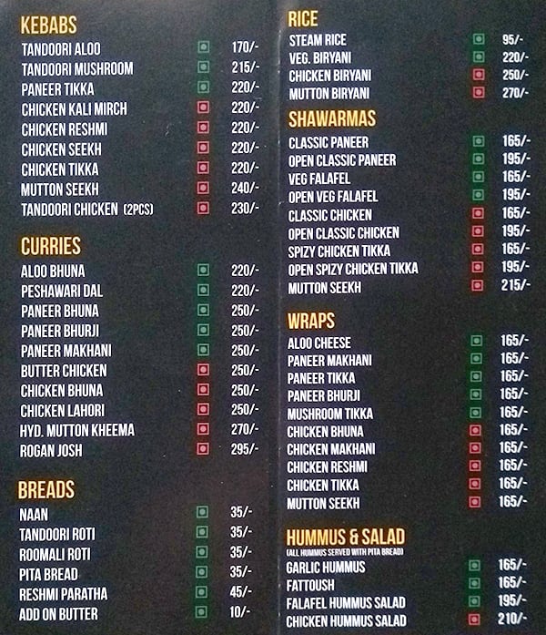 Menu of Maroosh, Nariman Point, Mumbai
