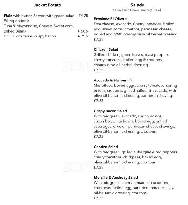 Menu at El Olivo restaurant, London, 24 Stoke Newington Church St