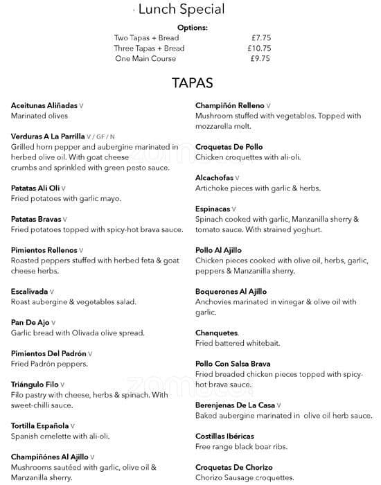 Menu at El Olivo restaurant, London, 24 Stoke Newington Church St