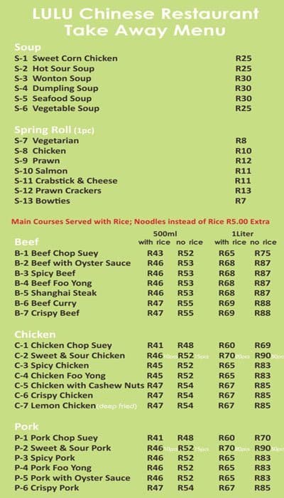 Menu at Lulu's Chinese Restaurant, Cape Town