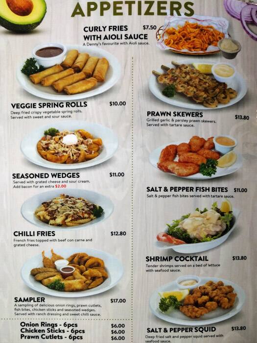 Menu at Denny's fast food, Auckland, 51 Hobson St