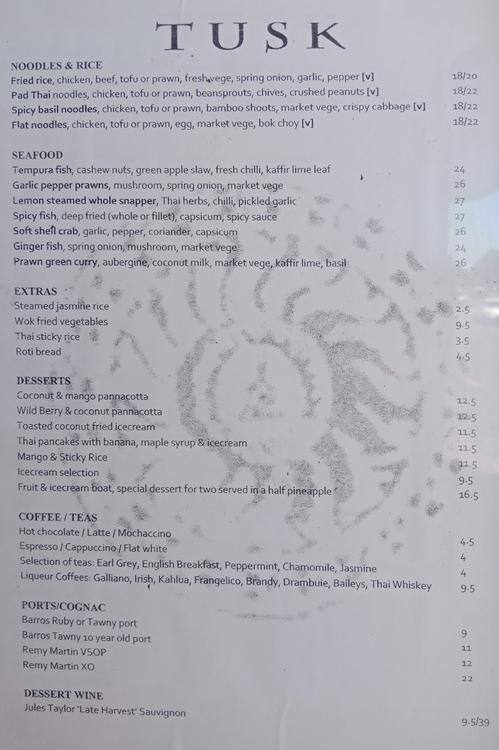 Menu at Tusk pub & bar, Auckland