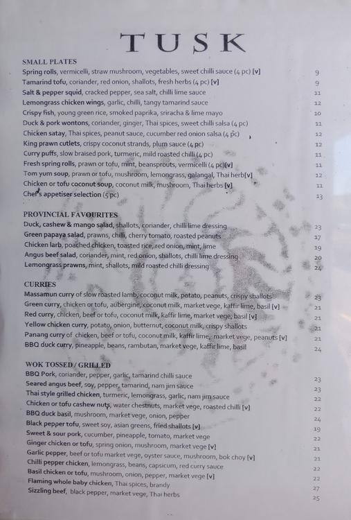 Menu at Tusk pub & bar, Auckland