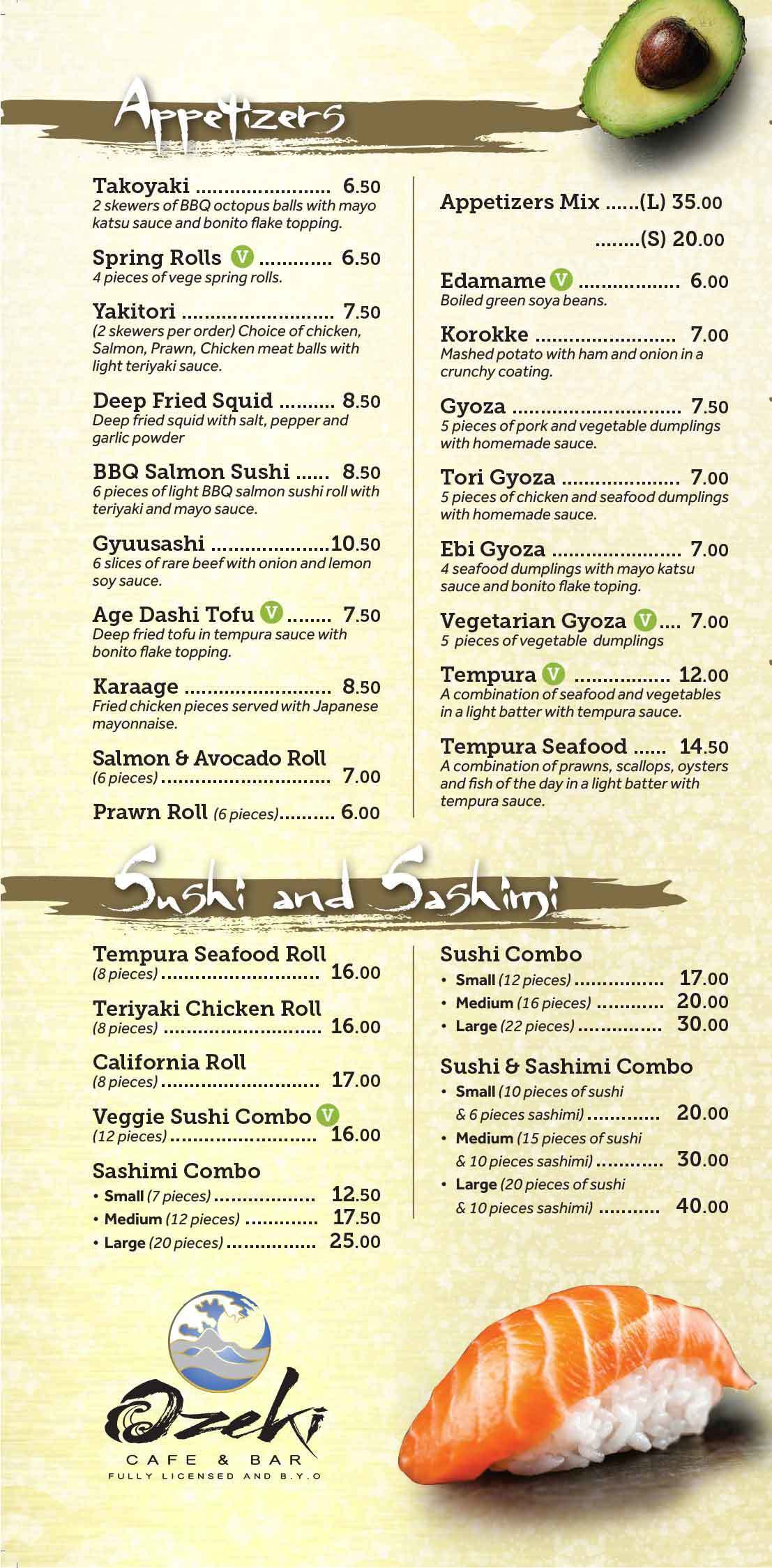 Menu at Ozeki Cafe & Bar, Wellington