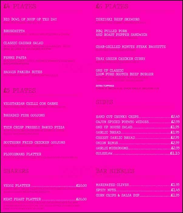 Menu at One Up pub & bar, Glasgow