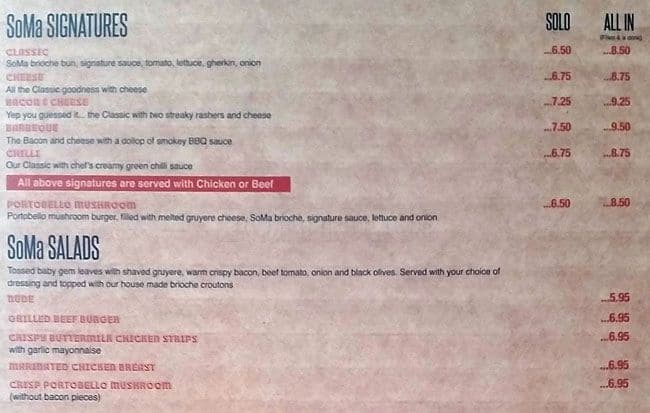 Menu at Soma Burger Co. restaurant, Dublin, Food Court 11