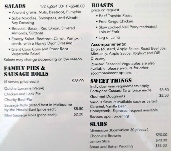 Menu at Bendigo Street Milk Bar, Richmond