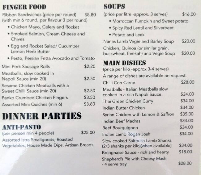 Menu at Bendigo Street Milk Bar, Richmond