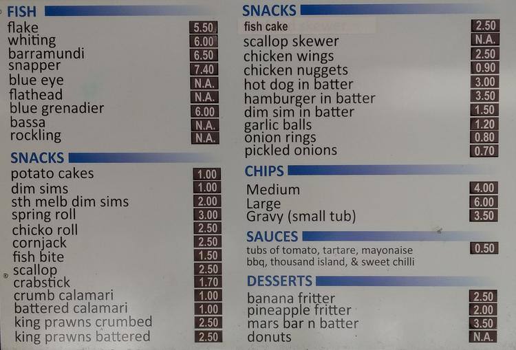 Menu at Captain Hooks Fish & Chippery restaurant, Derrimut