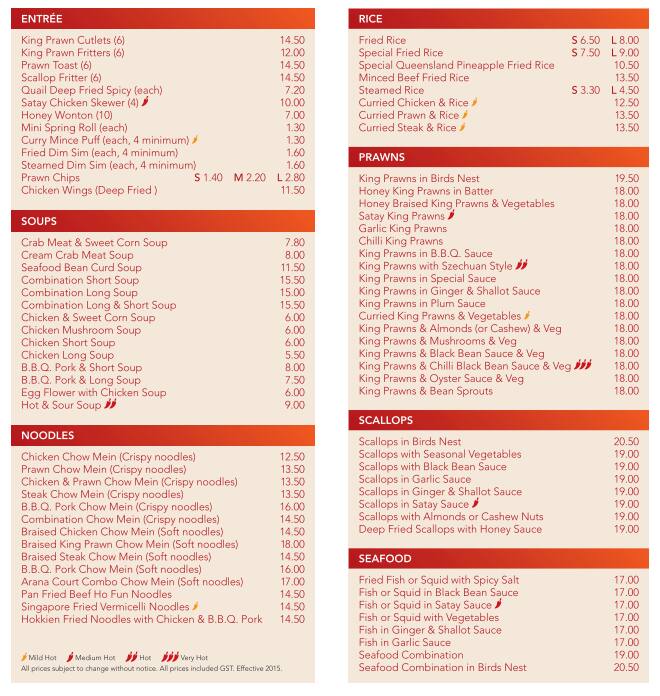 Menu at Arana Court Chinese Restaurant, Arana Hills