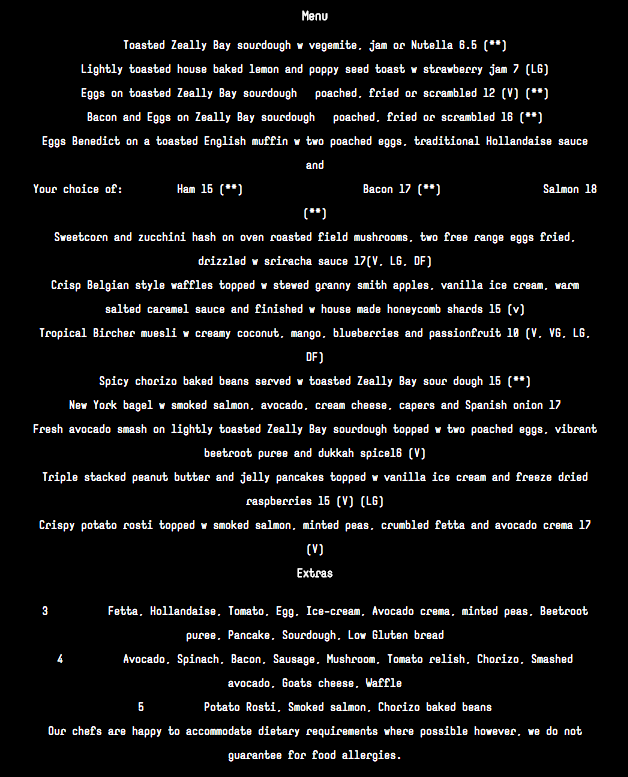 Menu at Edge restaurant, Geelong