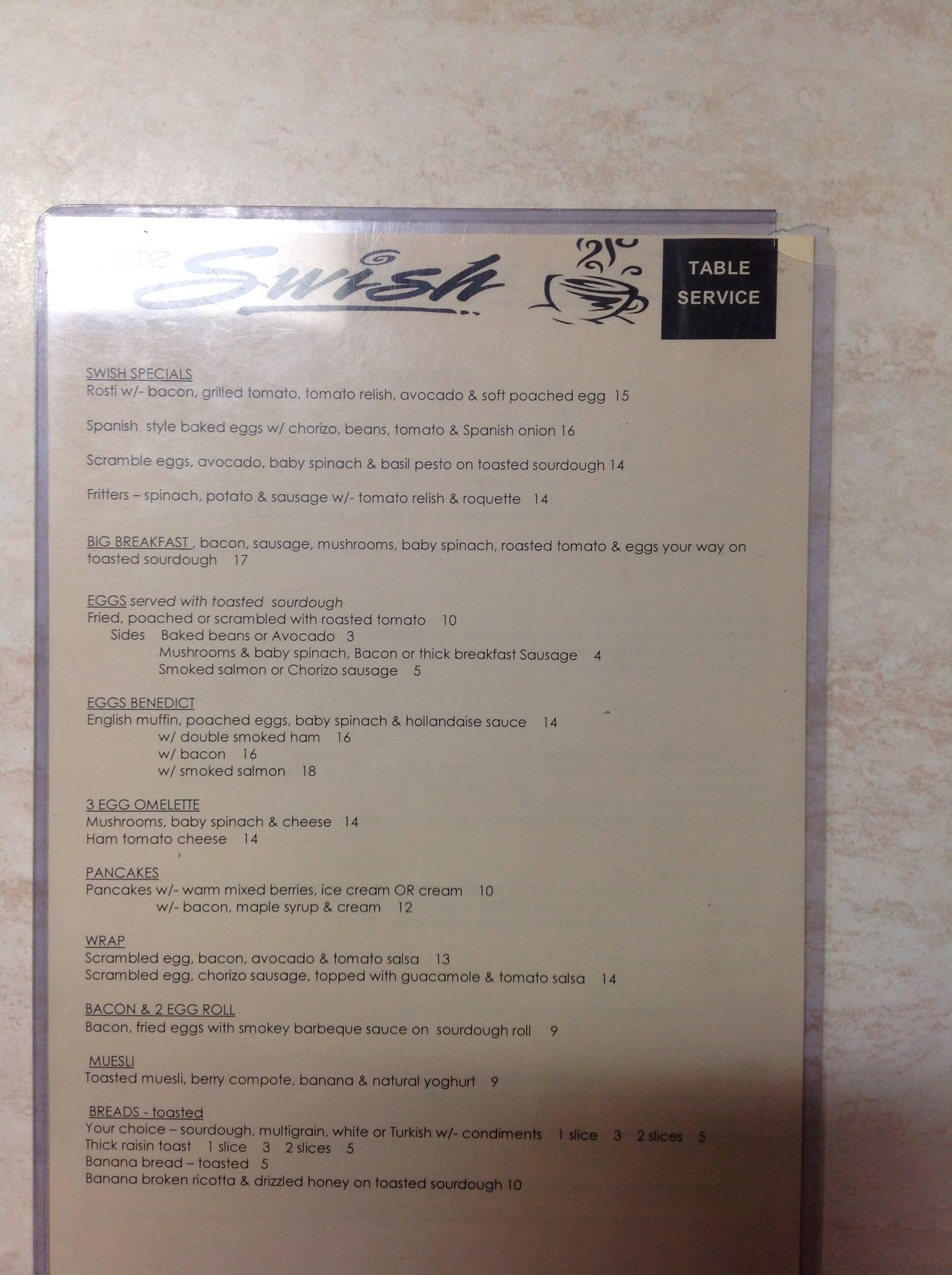 Menu at Swish Cafe, Ballina, 147 River St