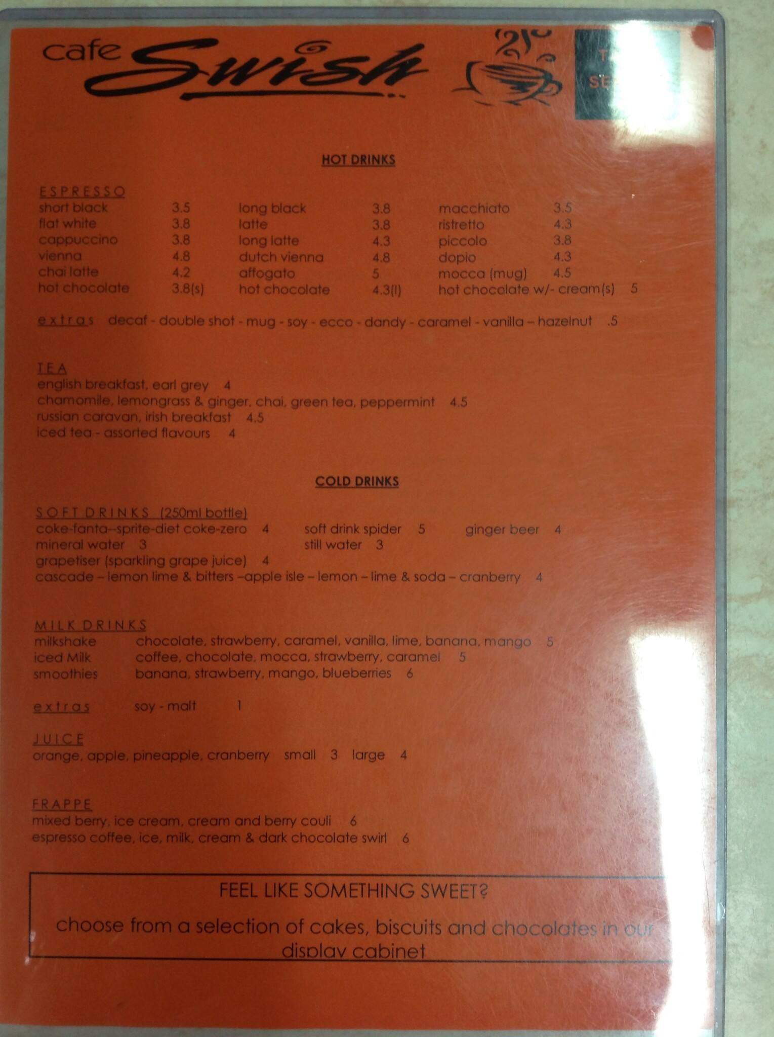 Menu at Swish Cafe, Ballina, 147 River St