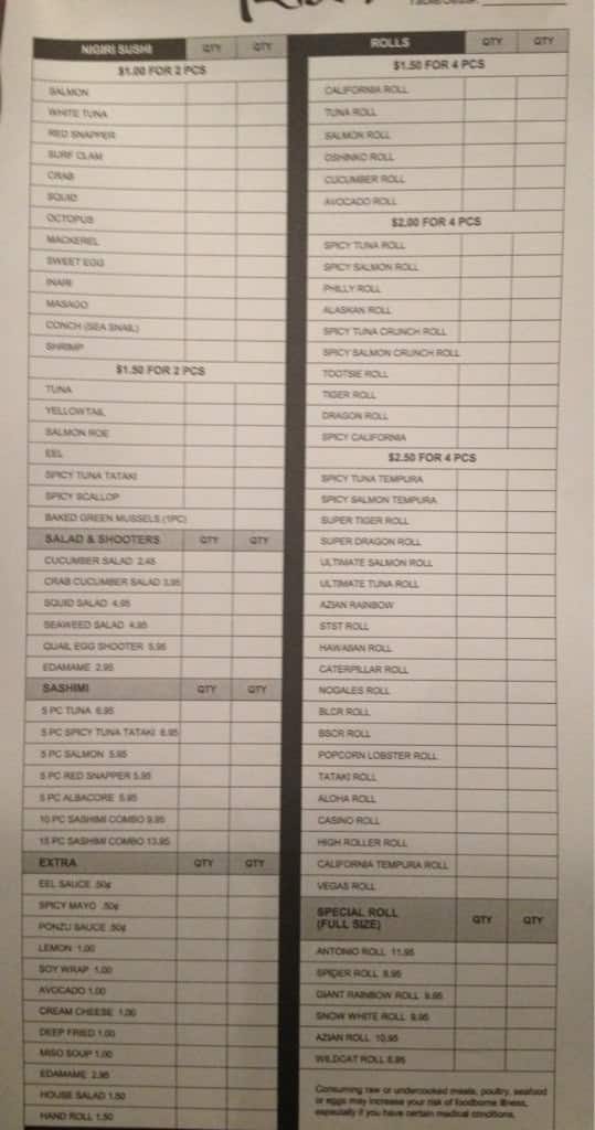 Menu at Azian restaurant, Tucson