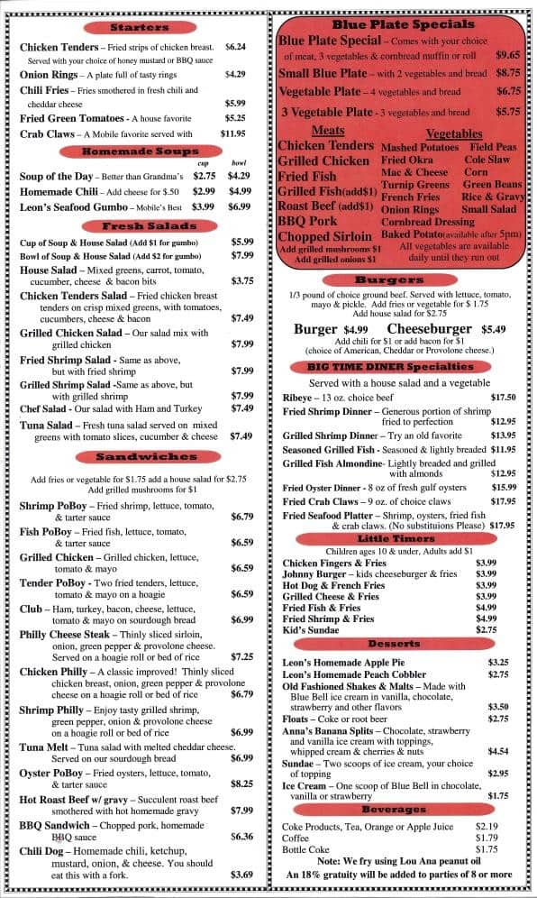 Menu at Big Time Diner restaurant, Mobile
