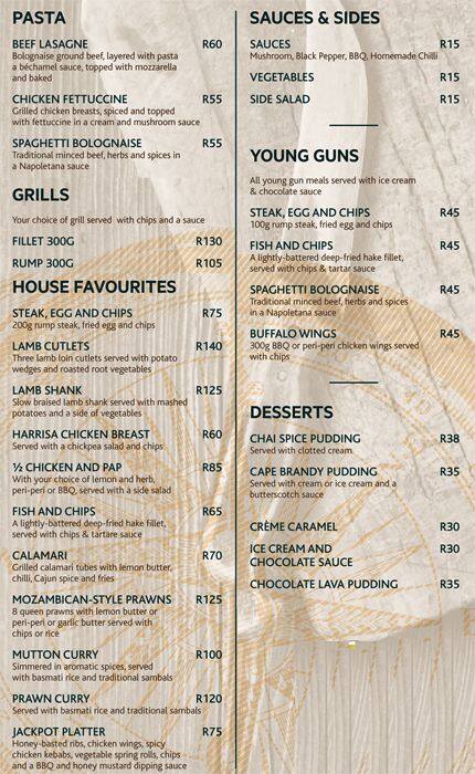 Menu bij Explorers restaurant, Nelspruit
