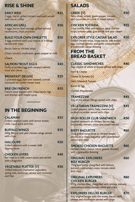 Menu bij Explorers restaurant, Nelspruit