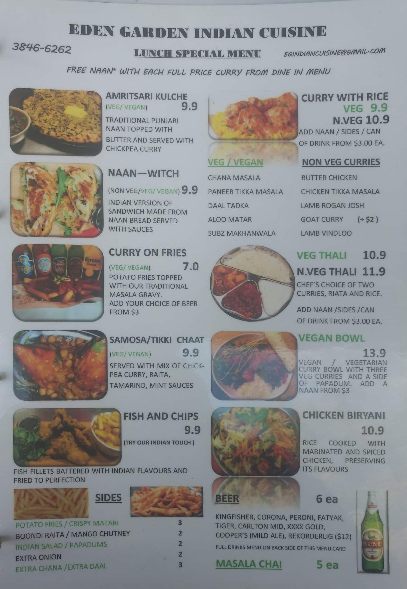 Menu at Eden Garden restaurant, South Brisbane