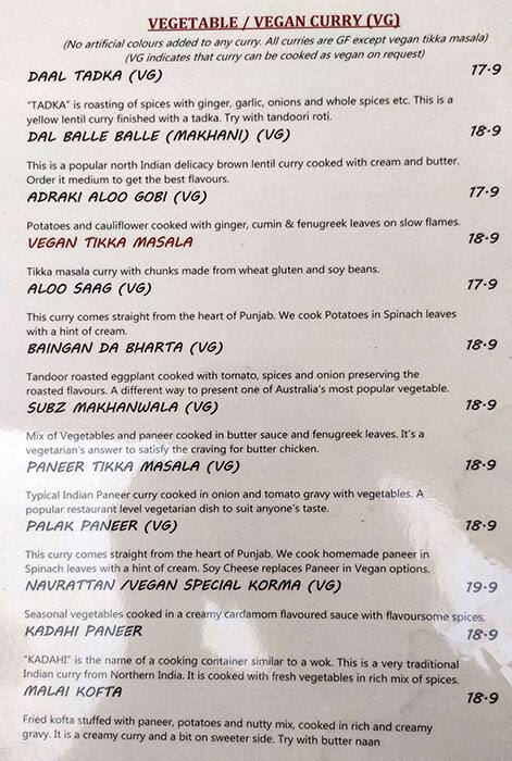 Menu at Eden Garden Indian Restaurant, South Brisbane