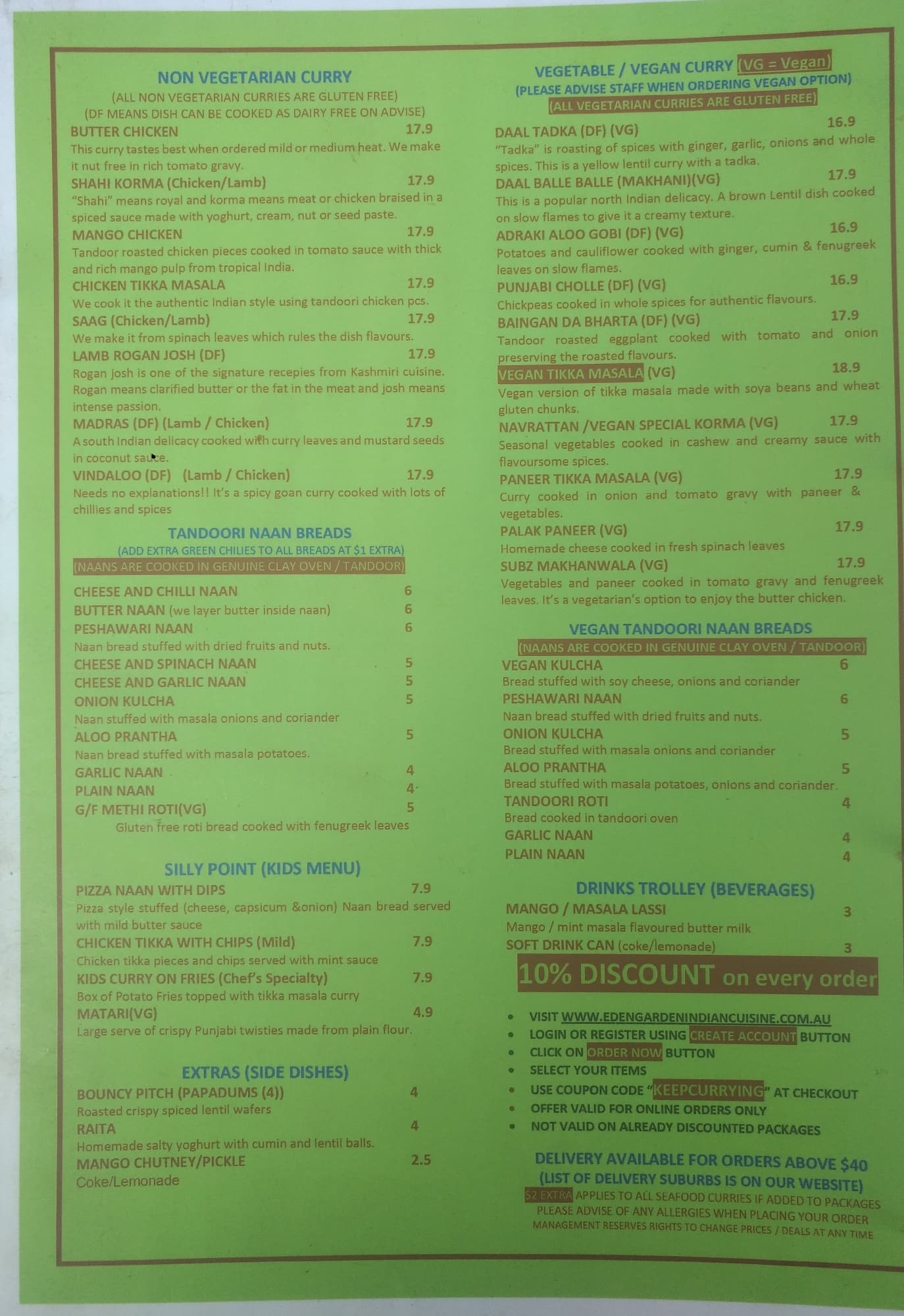 Menu at Eden Garden restaurant, South Brisbane
