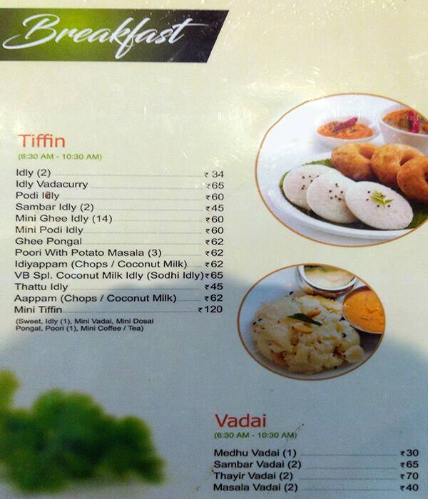 Menu of VB Heritage By Namma Veedu Vasanta Bhavan, Mylapore, Chennai