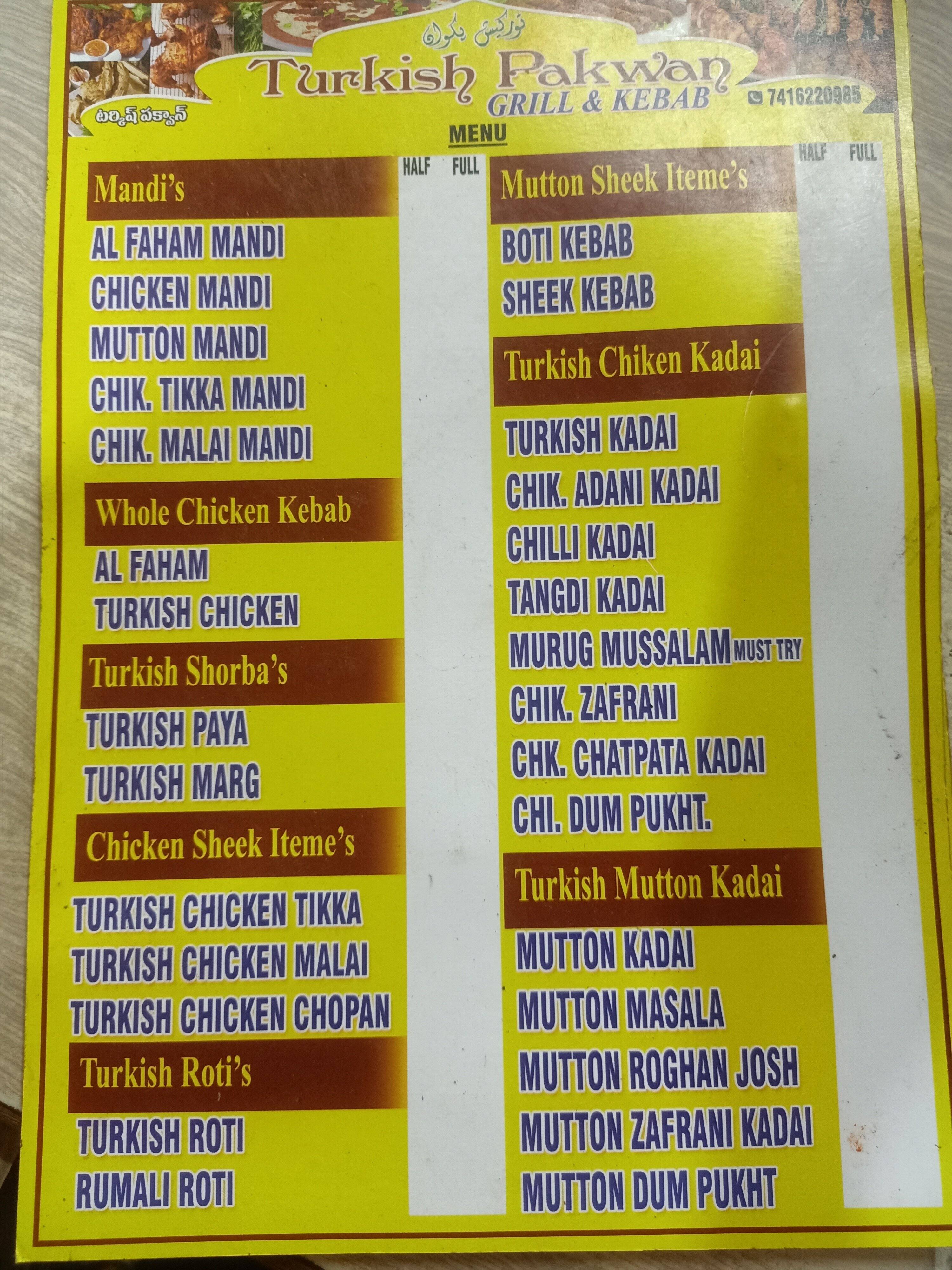 Menu at TURKISH PAKWAN, Hyderabad