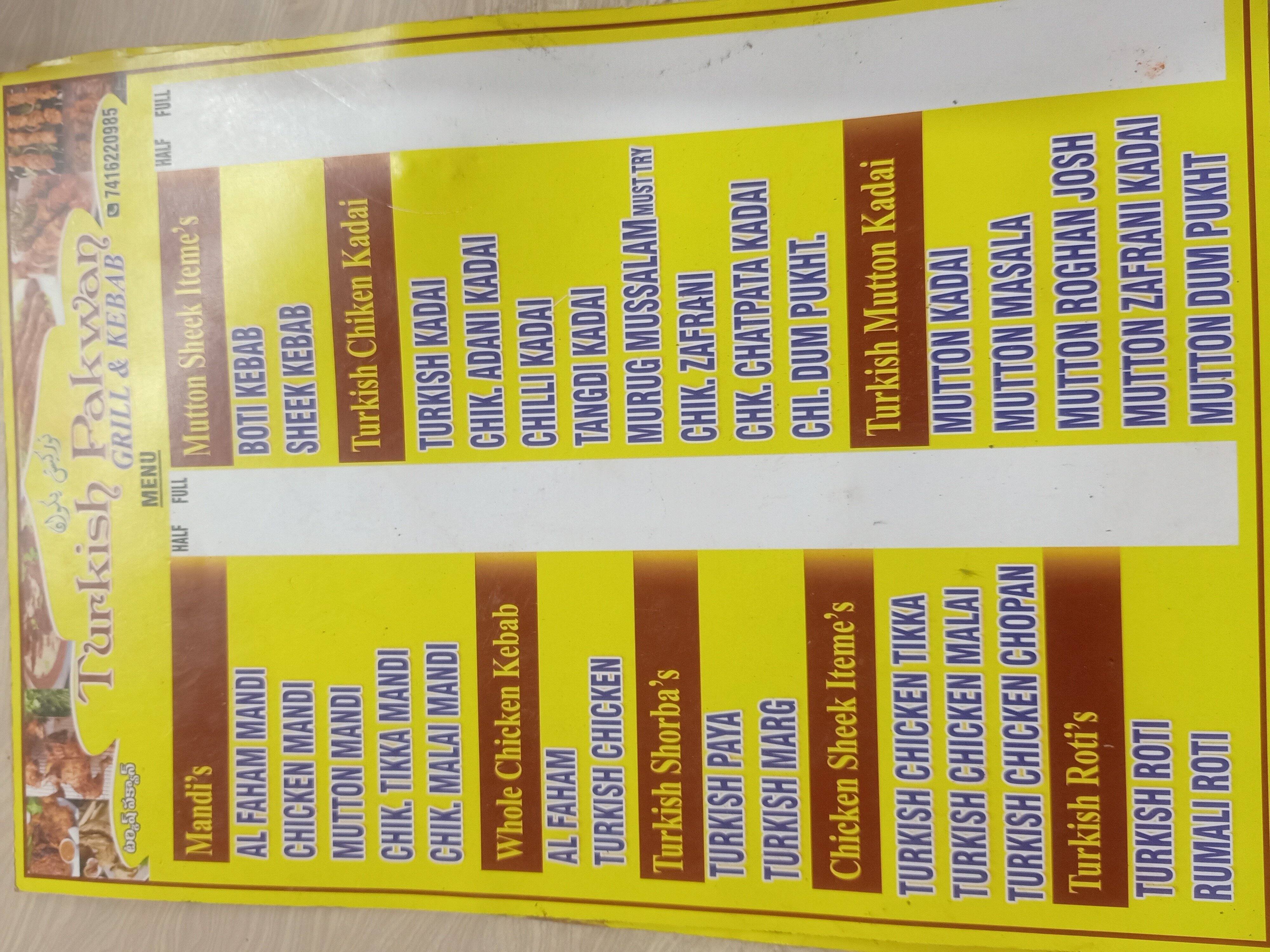 Menu at TURKISH PAKWAN, Hyderabad