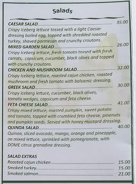 Menu at Dome cafe, Dubai, Khalid Bin Al Waleed Rd