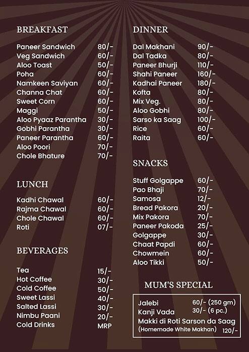Menu of Mum's Kitchen, VIP Road, Zirakpur