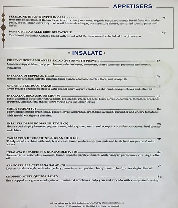 Menu of Marini, Dubai Media City, Dubai