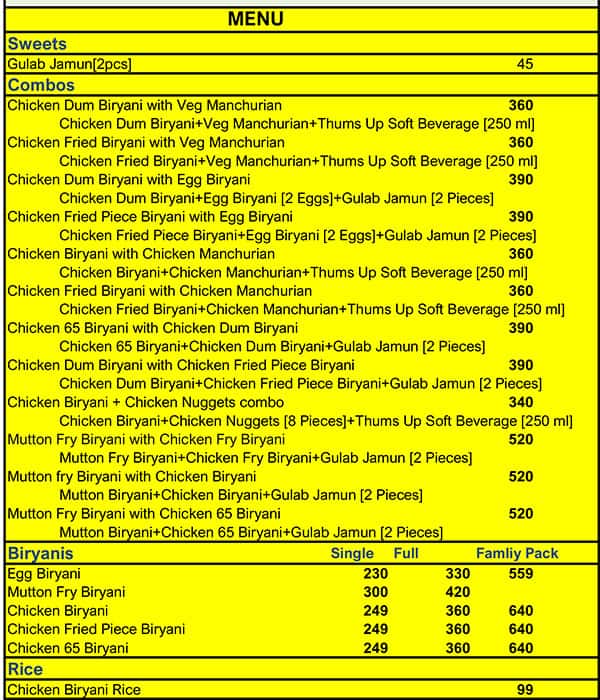 Menu of Zaiqa Biryani's Hub, Kukatpally, Hyderabad