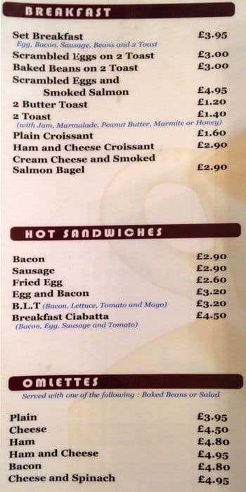 Menu at Marble Arch News cafe, London