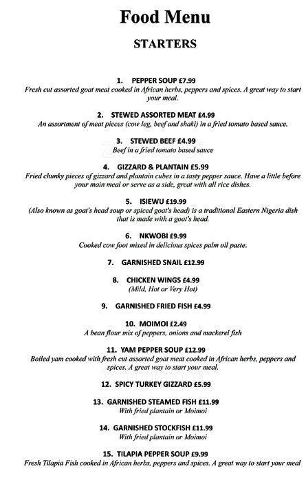 Menu at Enish Nigerian Restaurant, London, 228 Lewisham High St