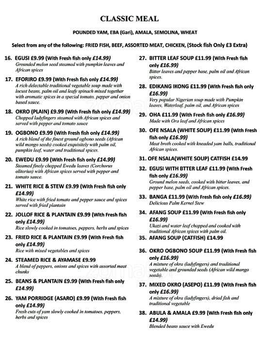 Menu at Enish Nigerian Restaurant, London, 228 Lewisham High St